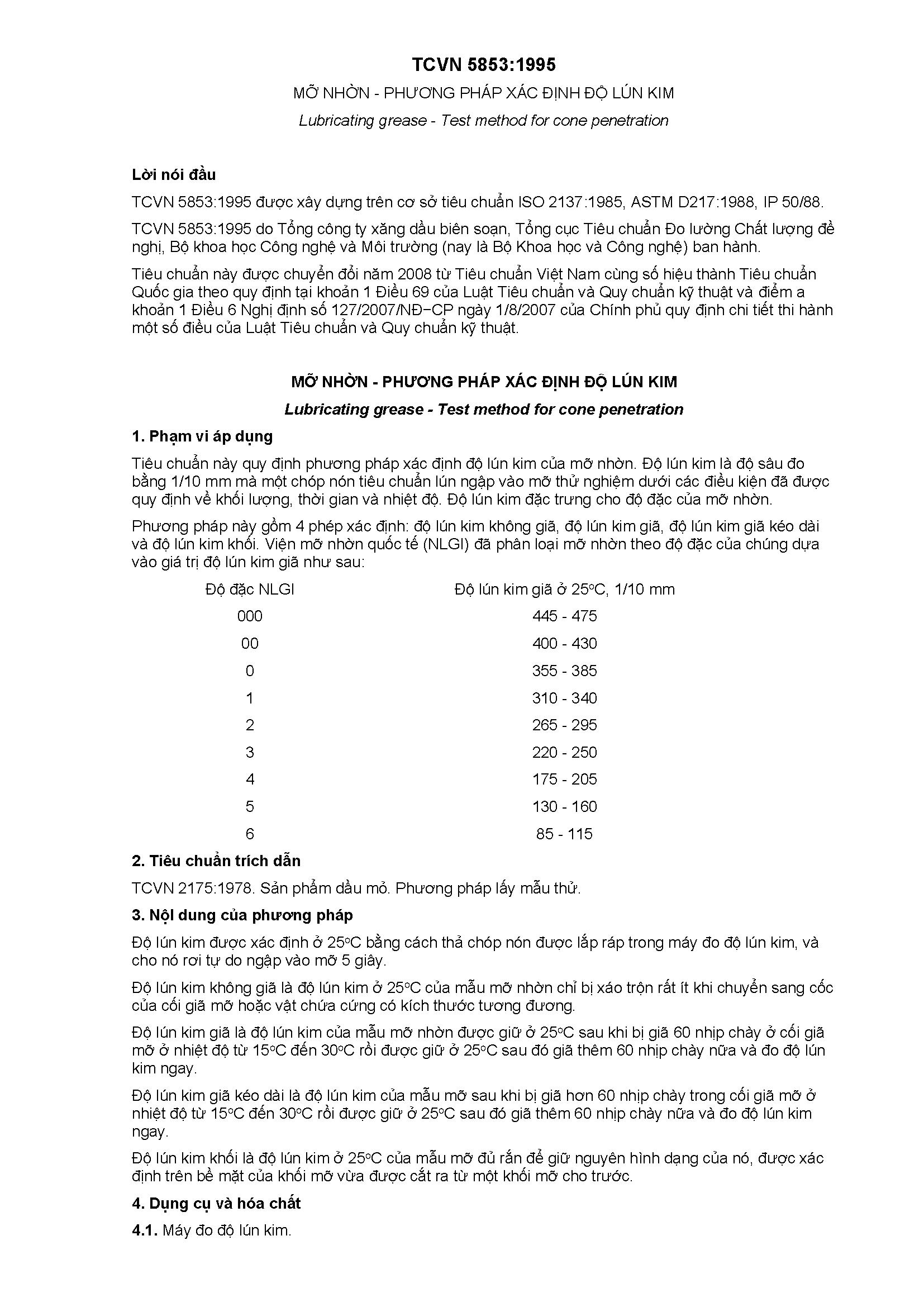 Tiêu chuẩn quốc gia tcvn 5853:1995 (iso 2137:1985, astm d217:1988, ip 50/88) về mỡ nhờn - phương ...