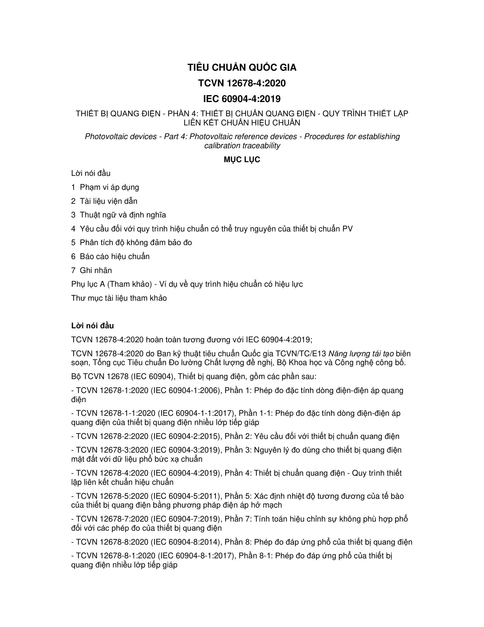 Tiêu chuẩn quốc gia TCVN 12678-4:2020 (IEC 60904-4:2019) về Thiết bị ...