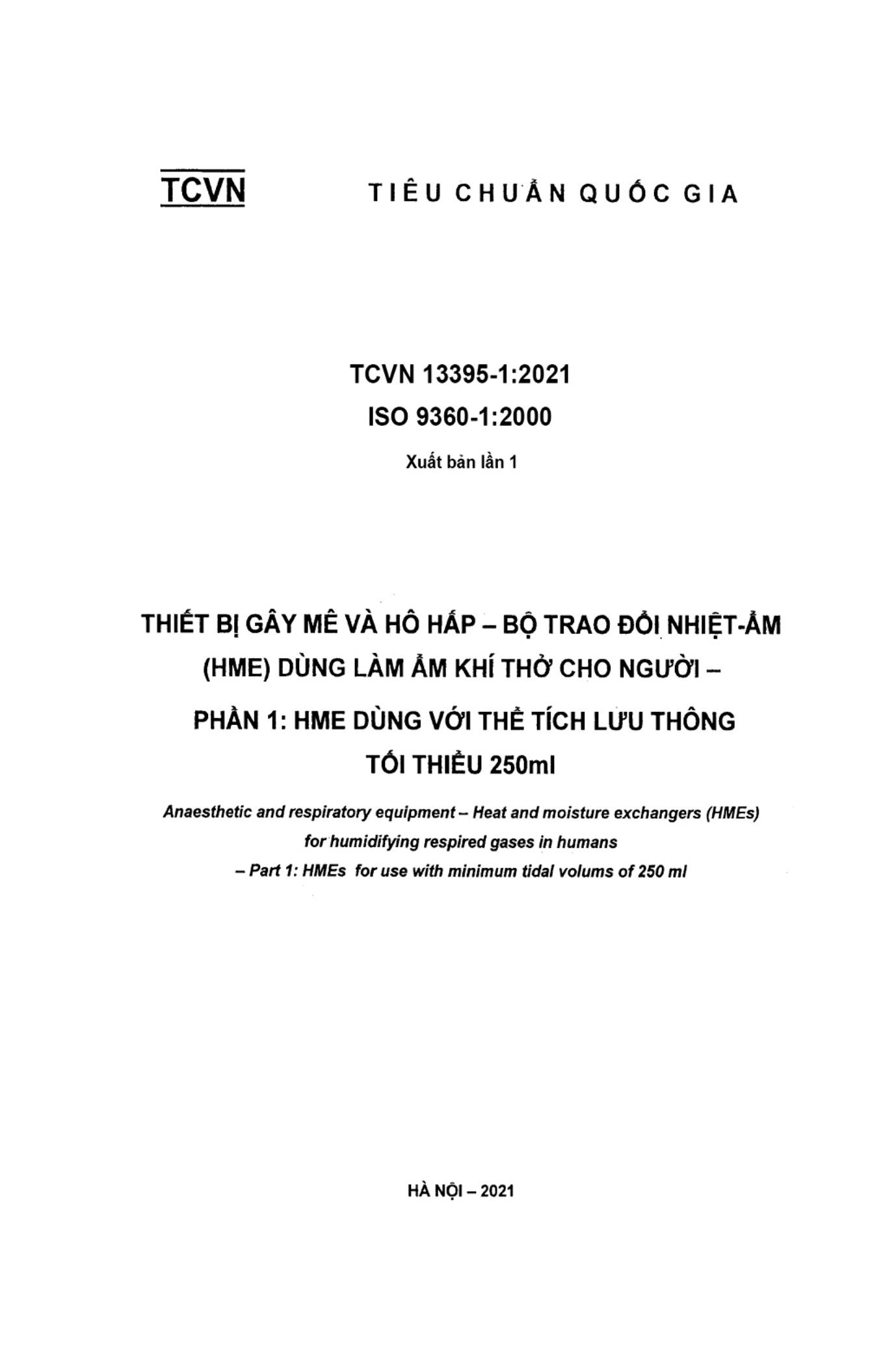 Tiêu chuẩn quốc gia TCVN 13395-1:2021 (ISO 9360-1:2000) về Thiết bị gây ...