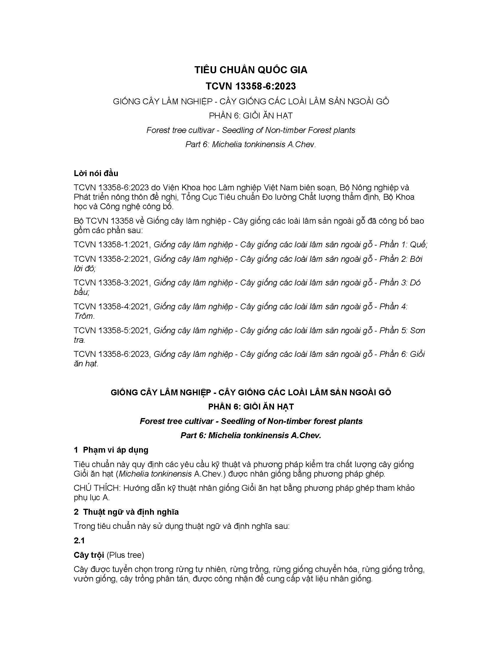 Tiêu chuẩn quốc gia TCVN 13358-6:2023 về Giống cây lâm nghiệp - Cây giống các loài lâm sản ngoài ...