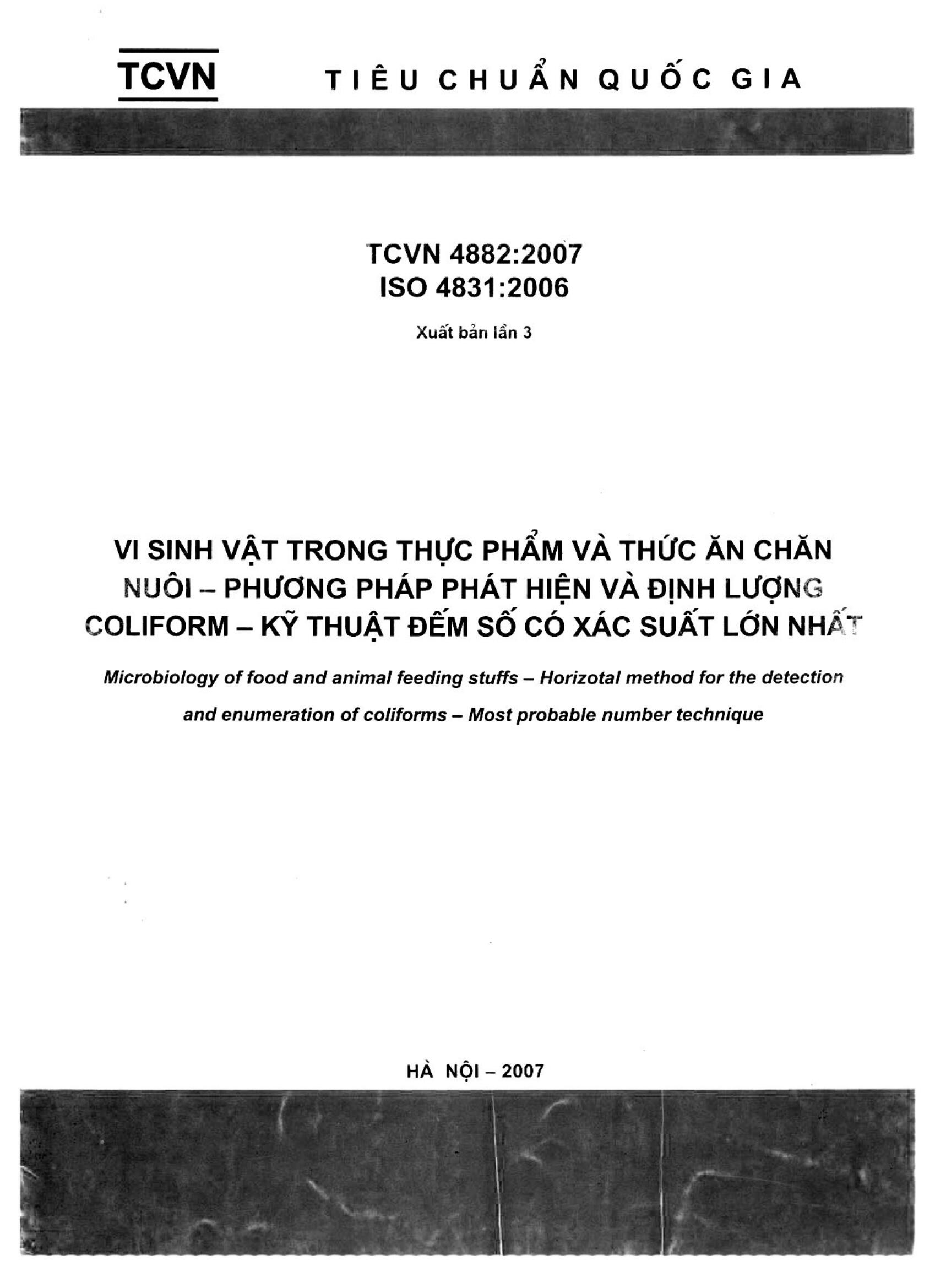 Tiêu chuẩn quốc gia tcvn 4882:2007 (iso 4831 : 2006) về vi sinh vật trong thực phẩm và thức ăn ...