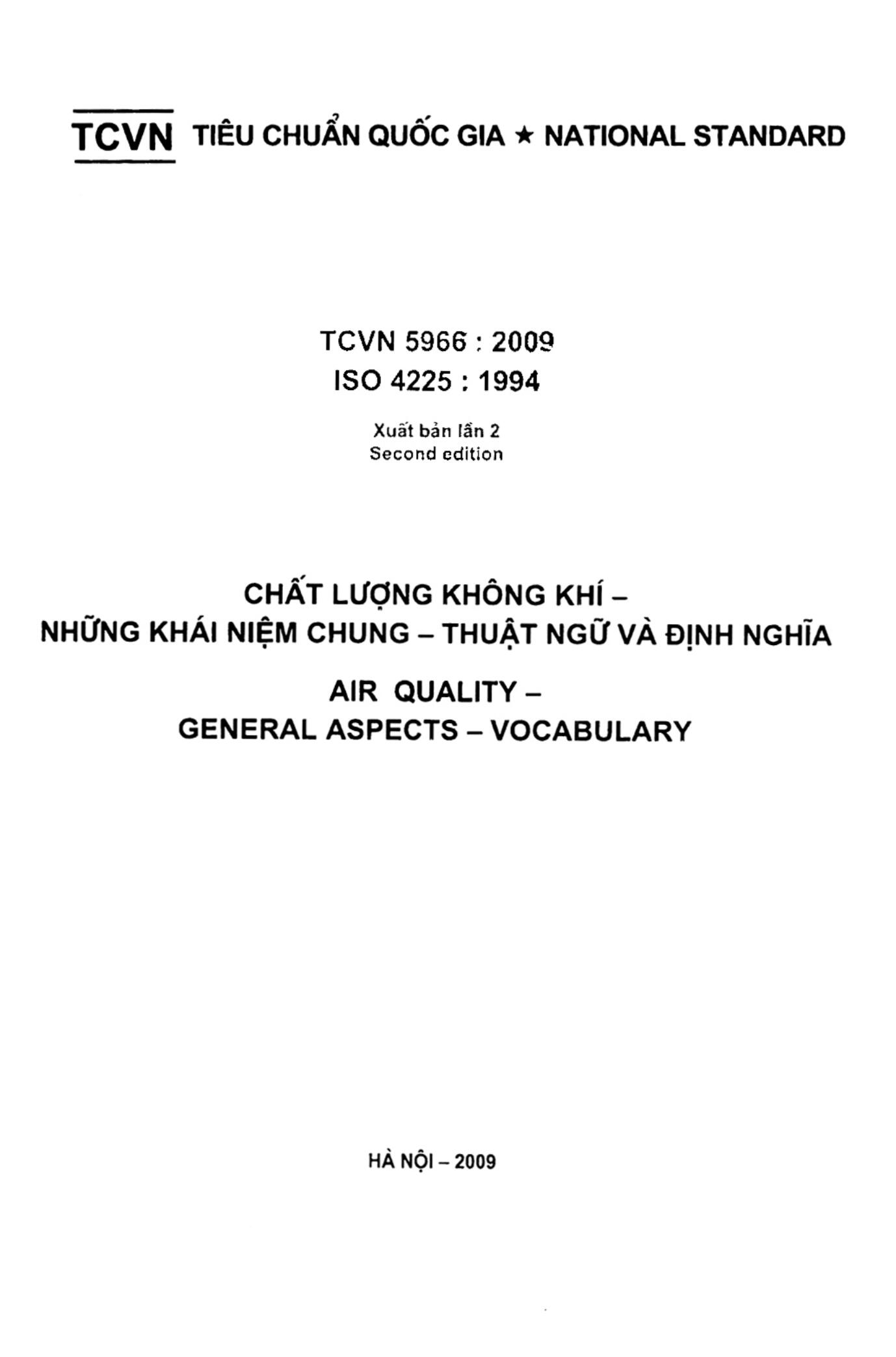 Tiêu chuẩn quốc gia TCVN 5966:2009 (ISO 4225 : 1994) về Chất lượng không khí - Những khái niệm ...