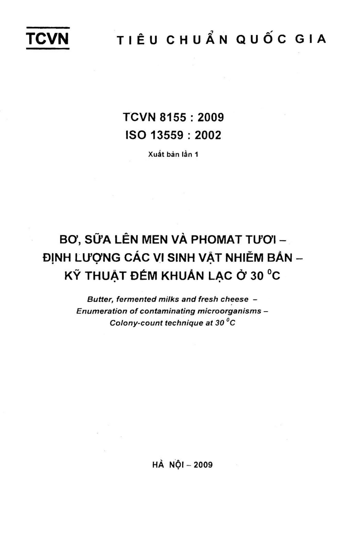 Tiêu chuẩn quốc gia TCVN 8155:2009 (ISO 13559 : 2002) về Bơ, sữa lên ...