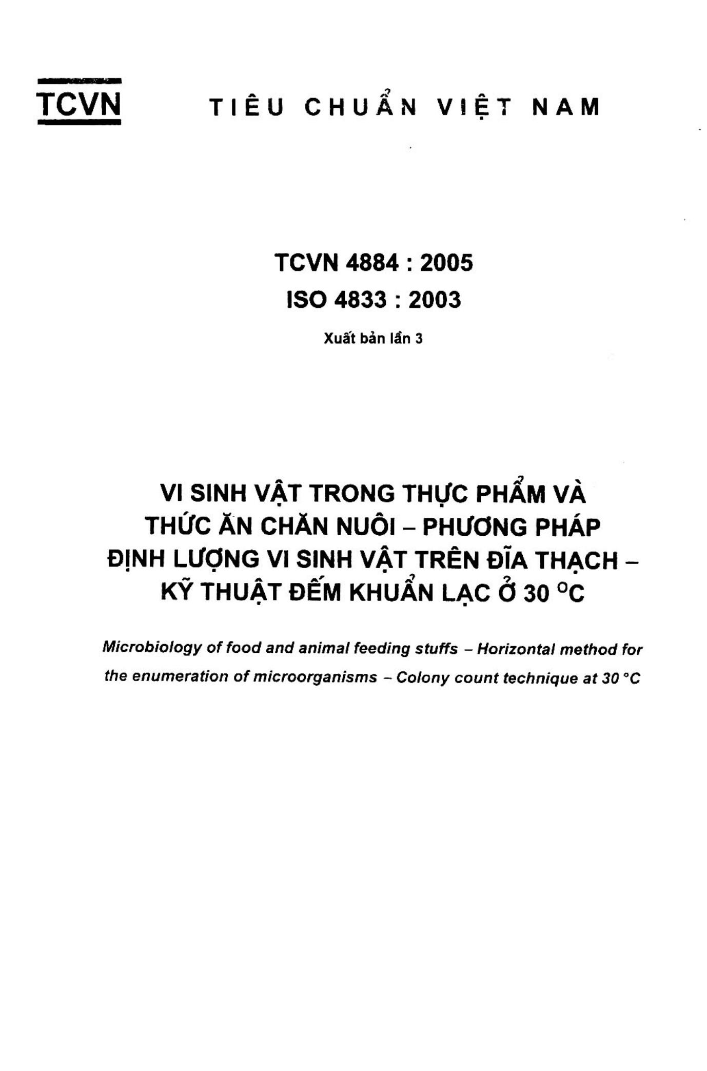 Tiêu chuẩn Việt Nam TCVN 4884:2005 (ISO 4833 : 2003) về Vi sinh vật trong thực phẩm và thức ăn ...