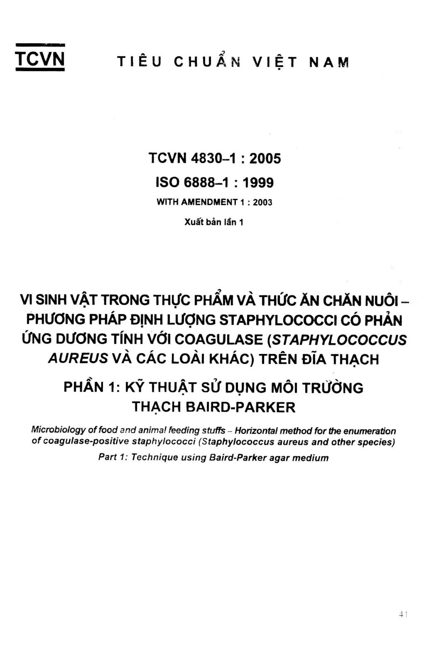 Tiêu chuẩn việt nam tcvn 4830-1:2005 ( (iso 6888-1 : 1999, amd 1 : 2003 ...