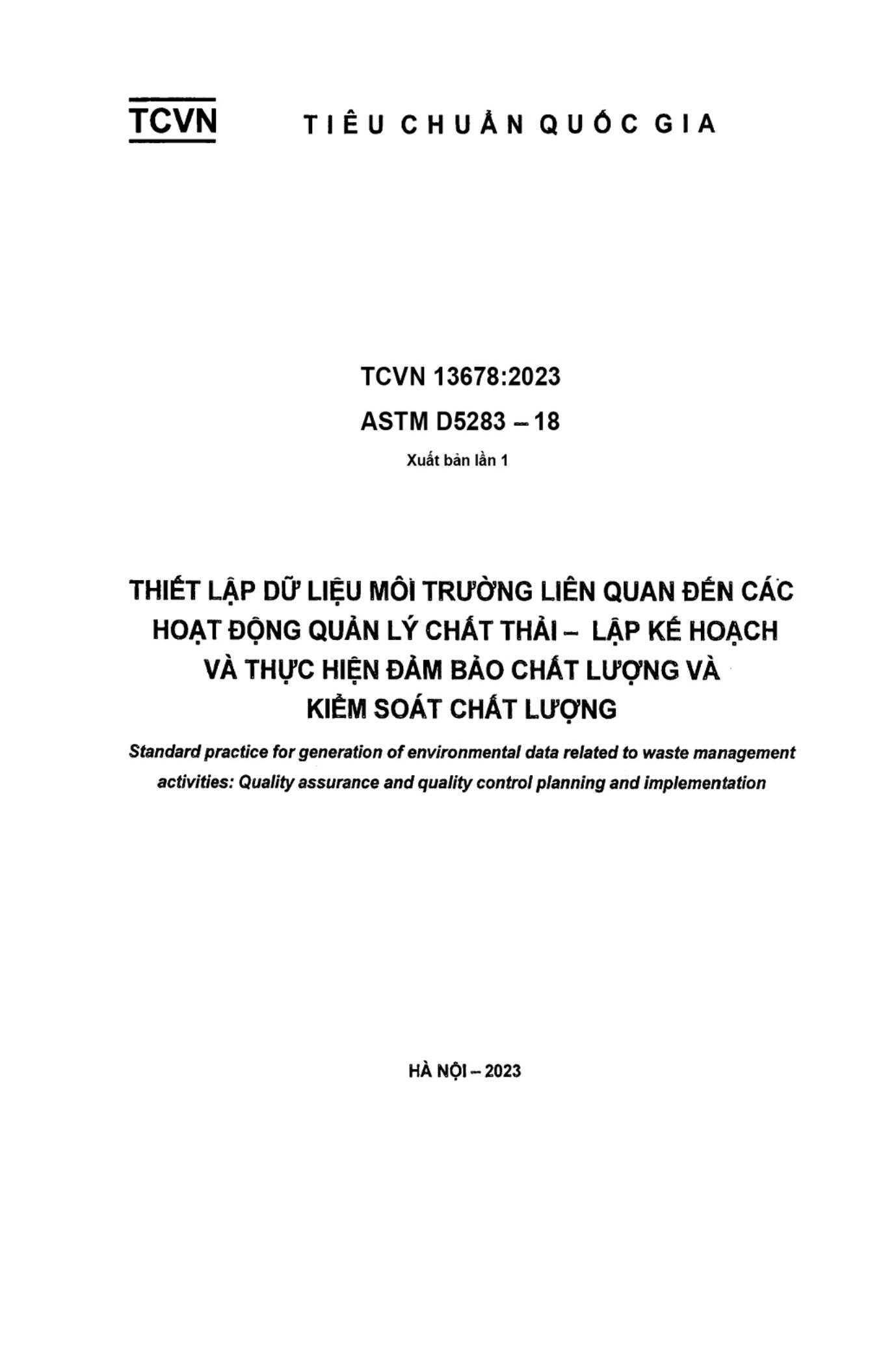 Tiêu chuẩn quốc gia TCVN 13678:2023 (ASTM D5283-18) về Thiết lập dữ ...