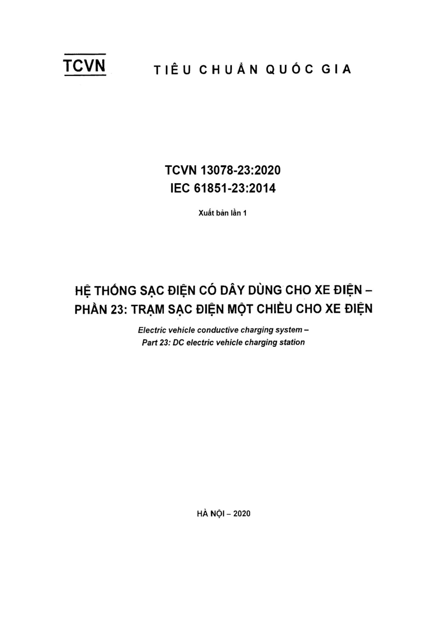 Tiêu chuẩn quốc gia TCVN 13078-23:2020 (IEC 61851-23:2014) về Hệ thống sạc điện có dây dùng cho ...