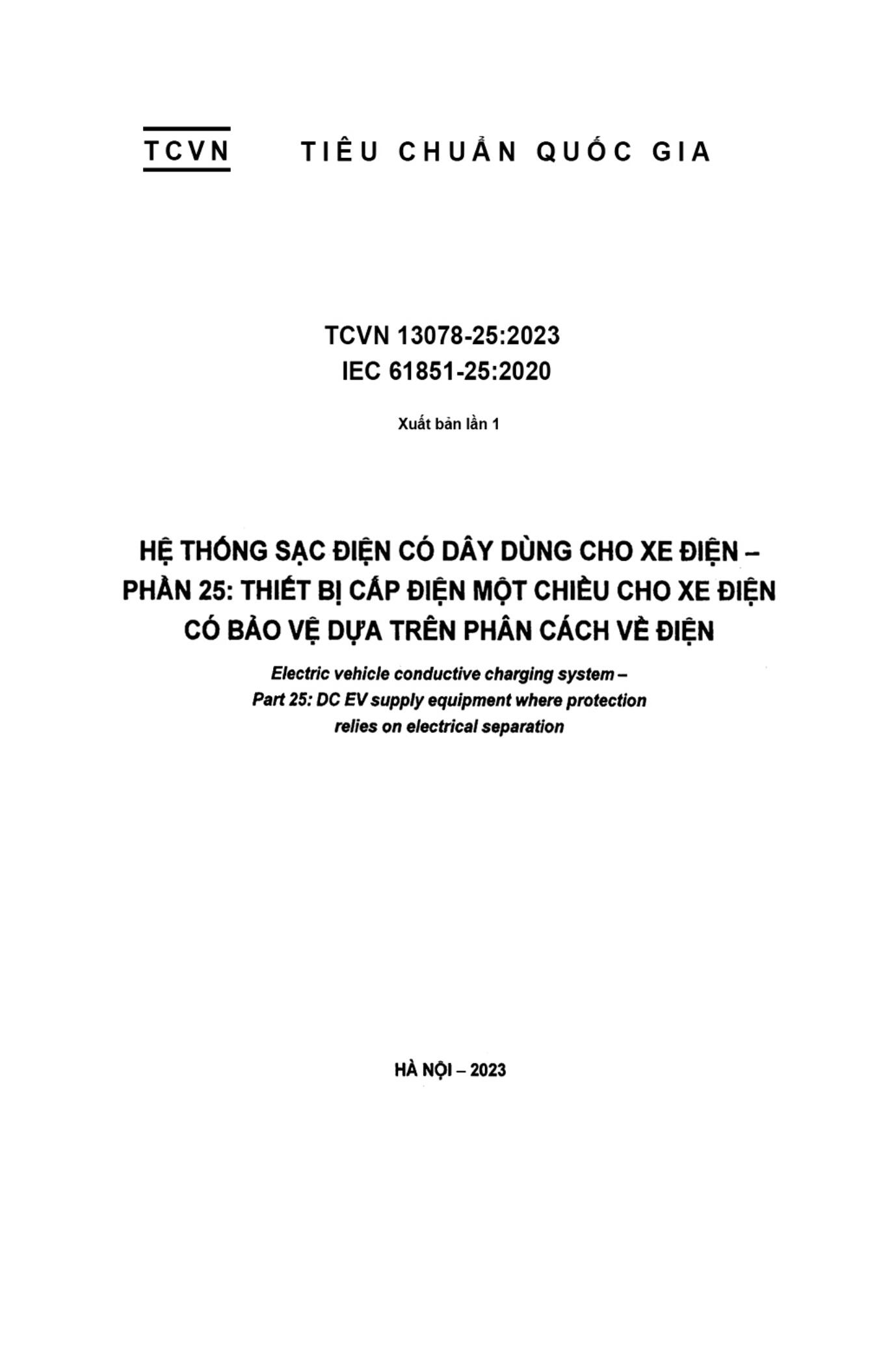 Tiêu chuẩn quốc gia TCVN 13078-25:2023 (IEC 61851-25:2020) về Hệ thống sạc điện có dây dùng cho ...