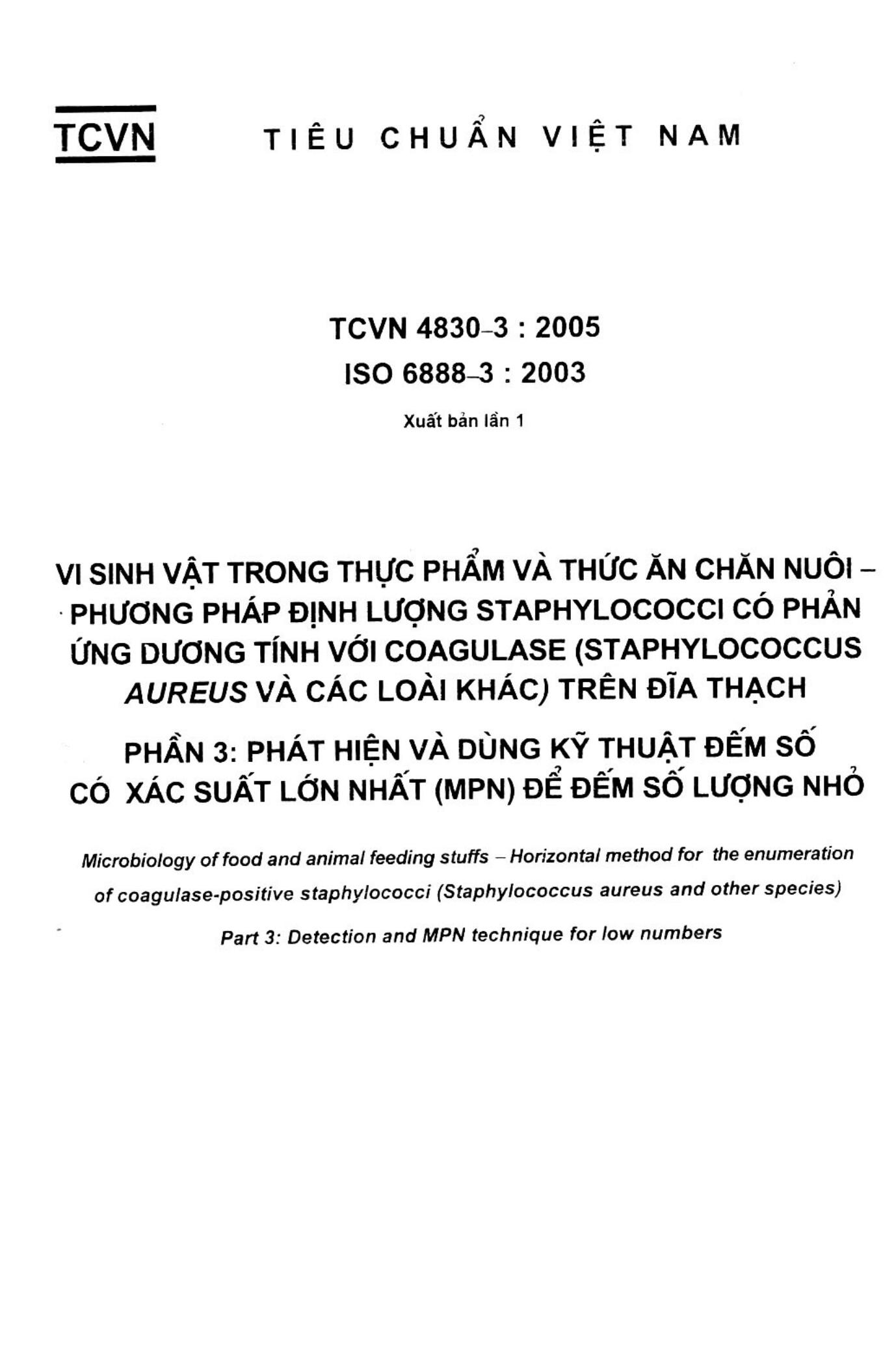 Tiêu chuẩn Việt Nam TCVN 4830-3:2005 (ISO 6888-3 : 2003) về Vi sinh vật trong thực phẩm và thức ...