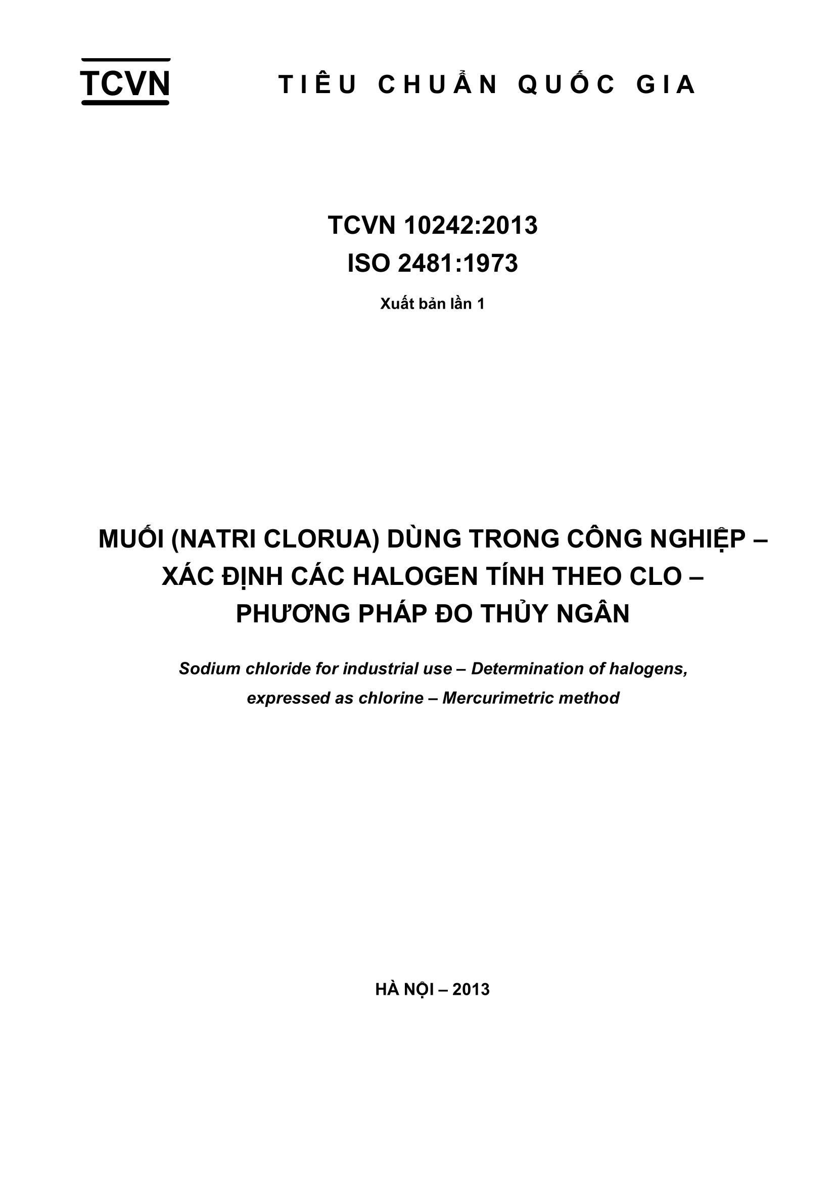 Tiêu chuẩn quốc gia TCVN 10242:2013 (ISO 2481:1973) về Muối (natri clorua) dùng trong công ...