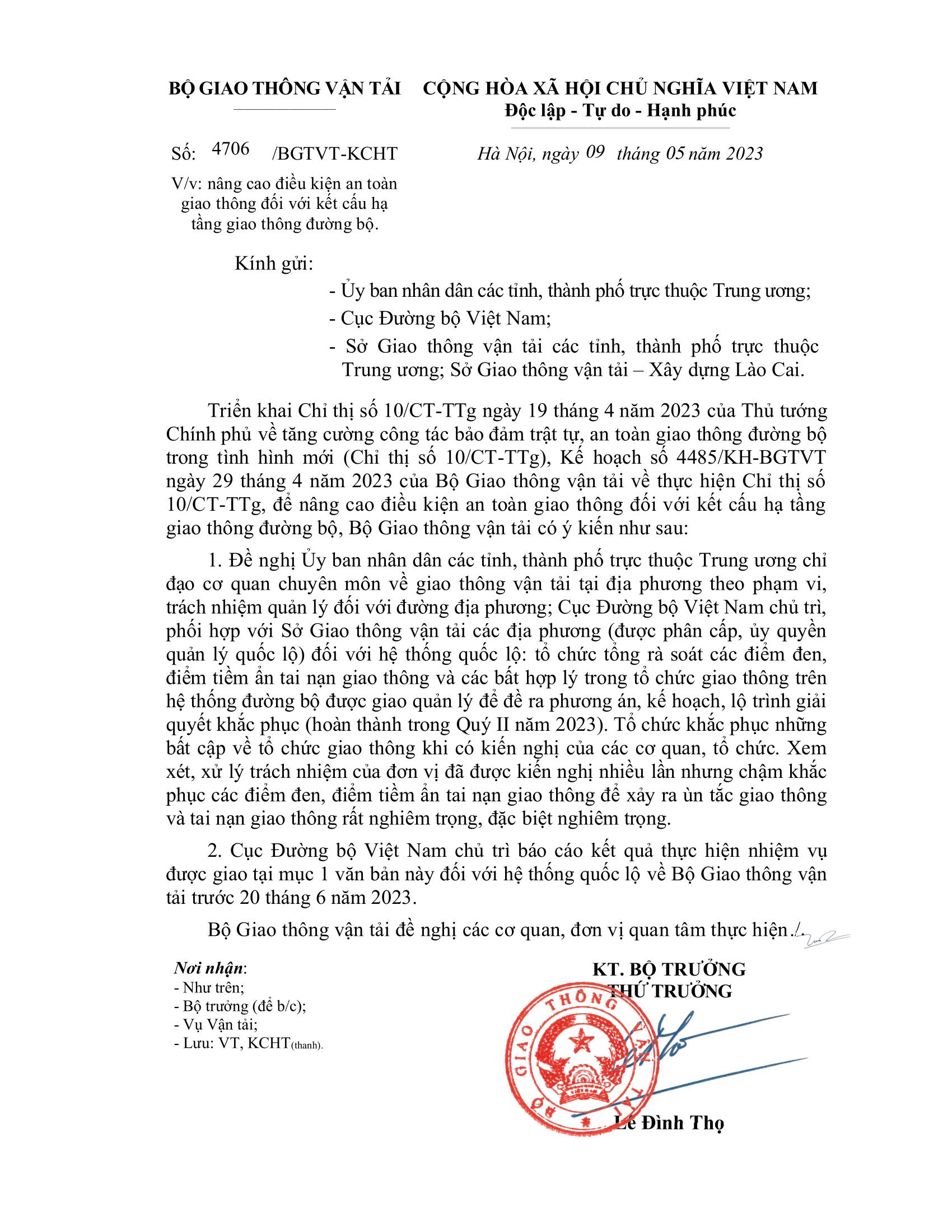 Công văn 4706/BGTVT-KCHT năm 2023 về nâng cao điều kiện an toàn giao ...