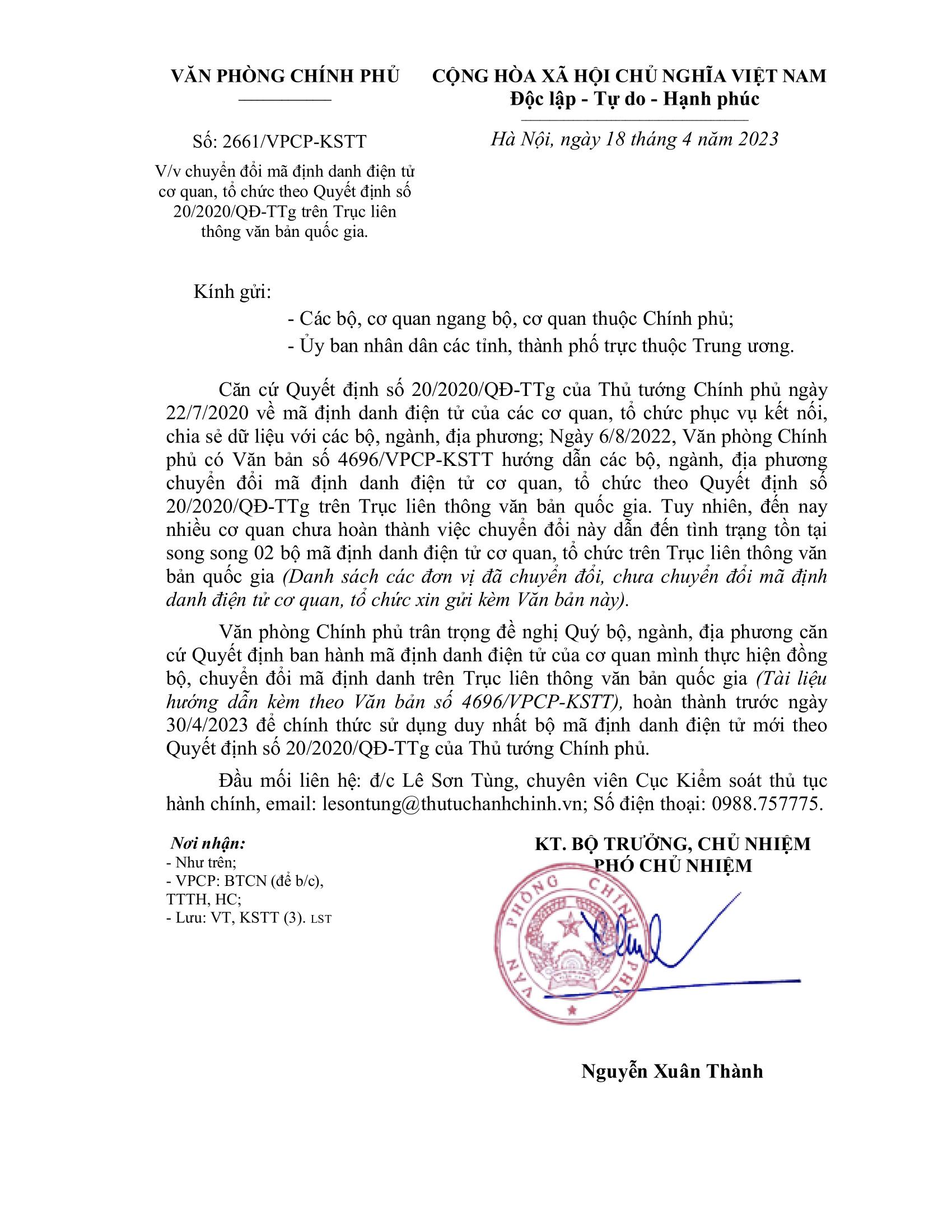 Công văn 2661/VPCP-KSTT năm 2023 về chuyển đổi mã định danh điện tử cơ ...