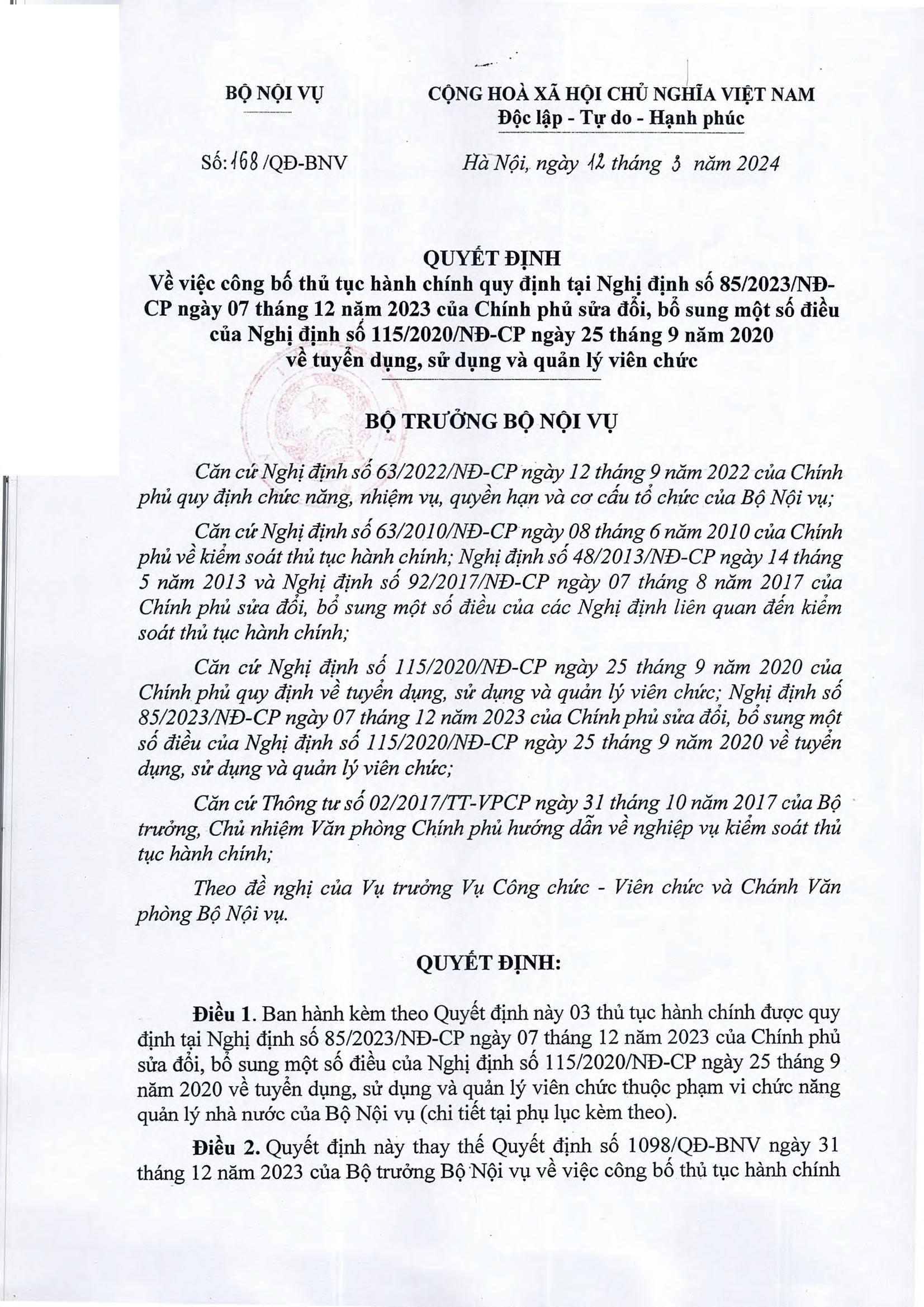 Quyết định 168/QĐ-BNV năm 2024 công bố thủ tục hành chính quy định tại ...
