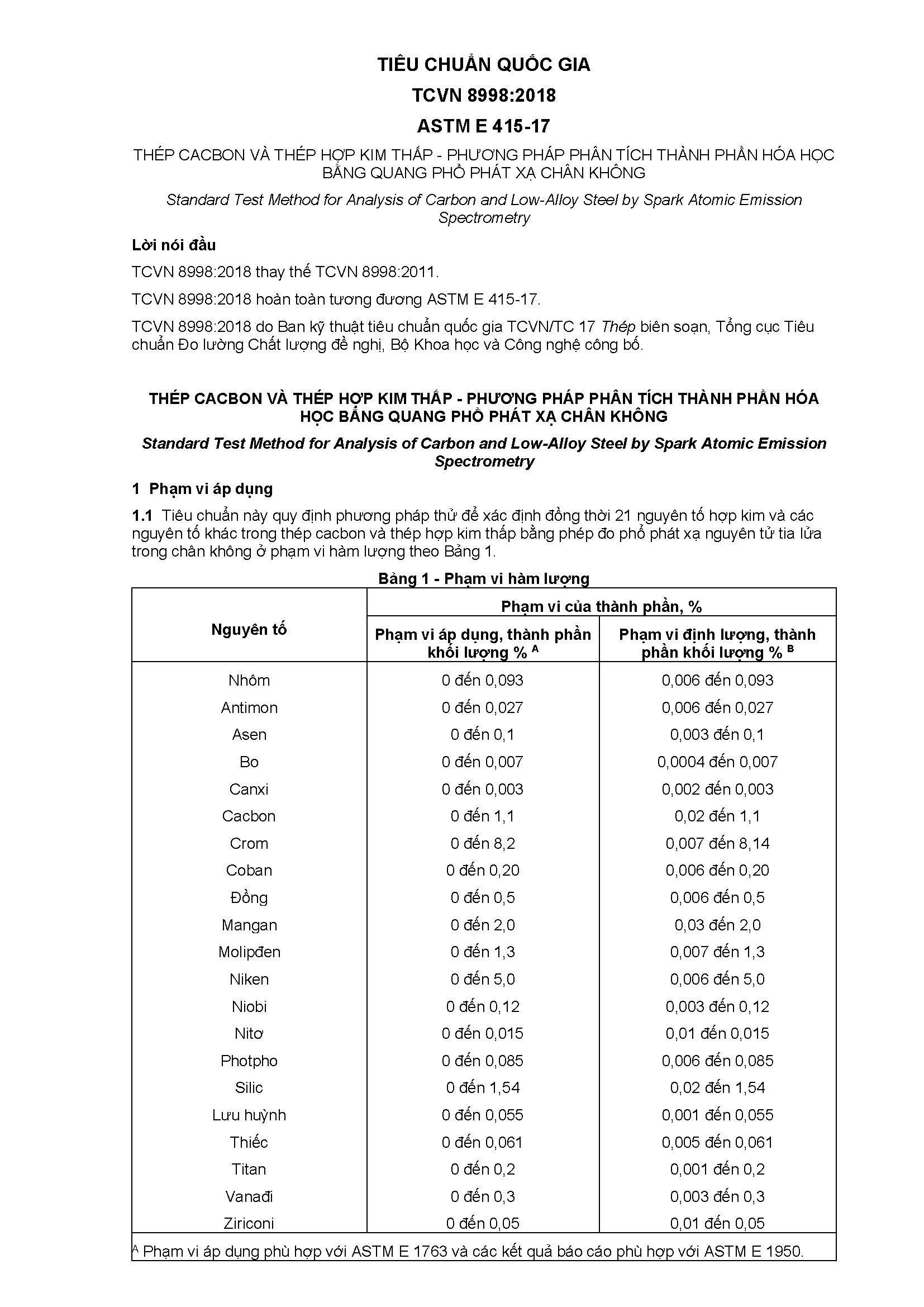 Tiêu chuẩn quốc gia tcvn 8998:2018 (astm e 415-17) về thép cacbon và ...