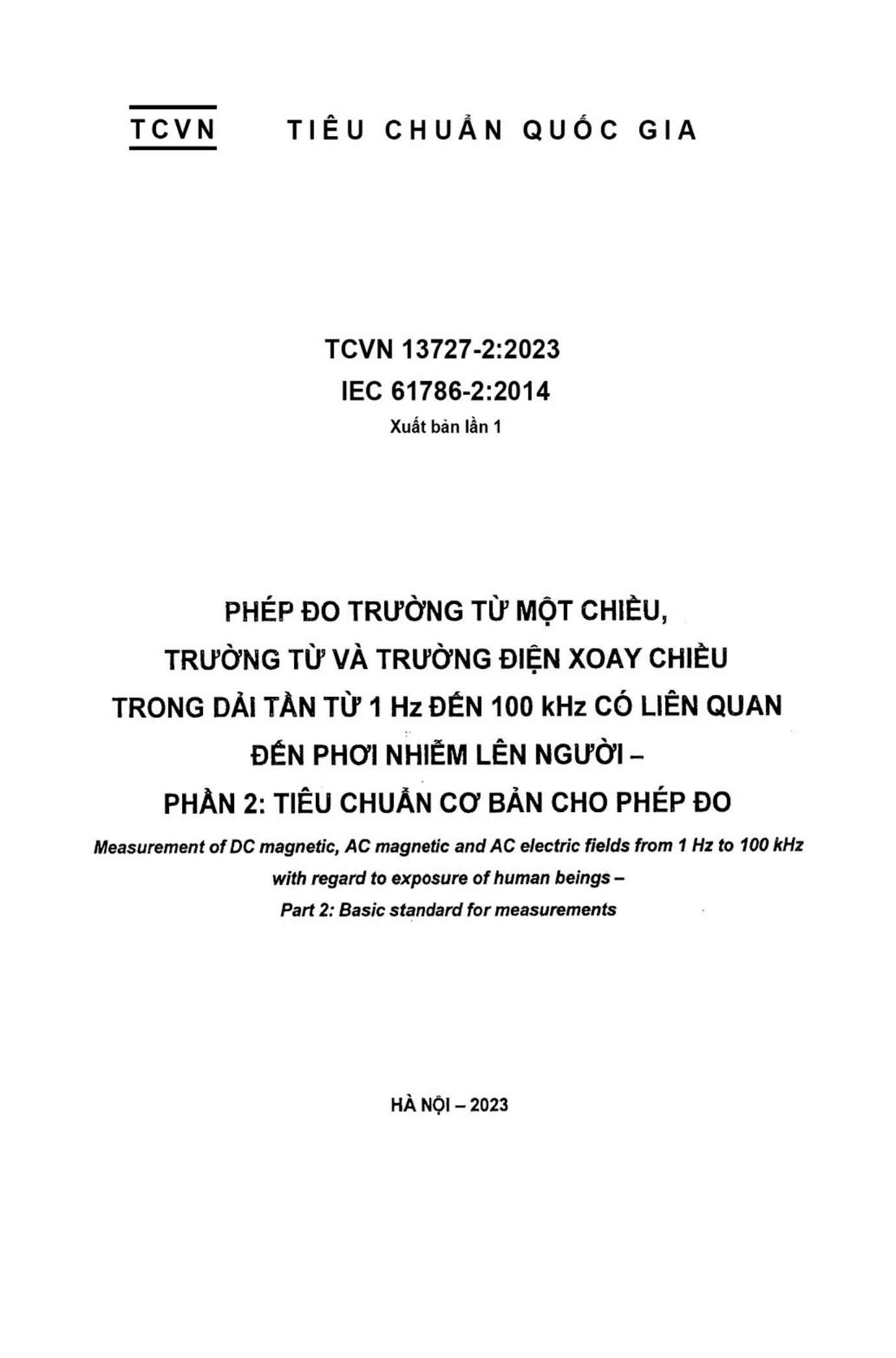 Tiêu chuẩn quốc gia TCVN 13727-2:2023 (IEC 61786-2:2014) về Phép đo trường từ một chiều, trường ...