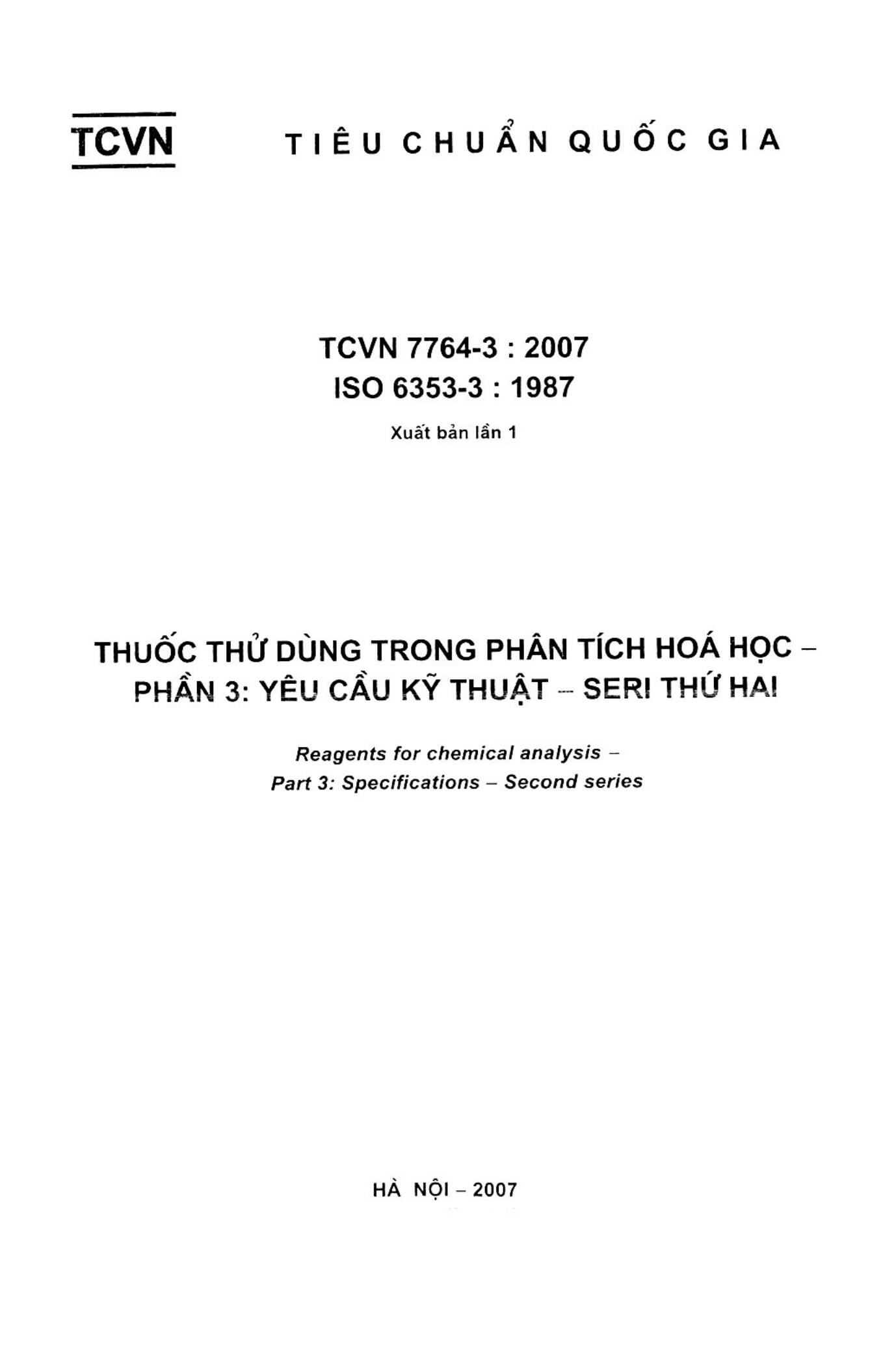 Tiêu chuẩn quốc gia TCVN 7764-3:2007 (ISO 6353-3 : 1987) về Thuốc thử dùng trong phân tích hóa ...