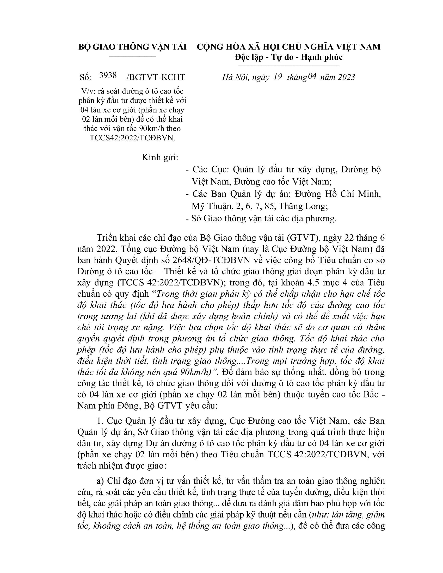 Công văn 3938/BGTVT-KCHT năm 2023 về rà soát đường ô tô cao tốc phân kỳ ...