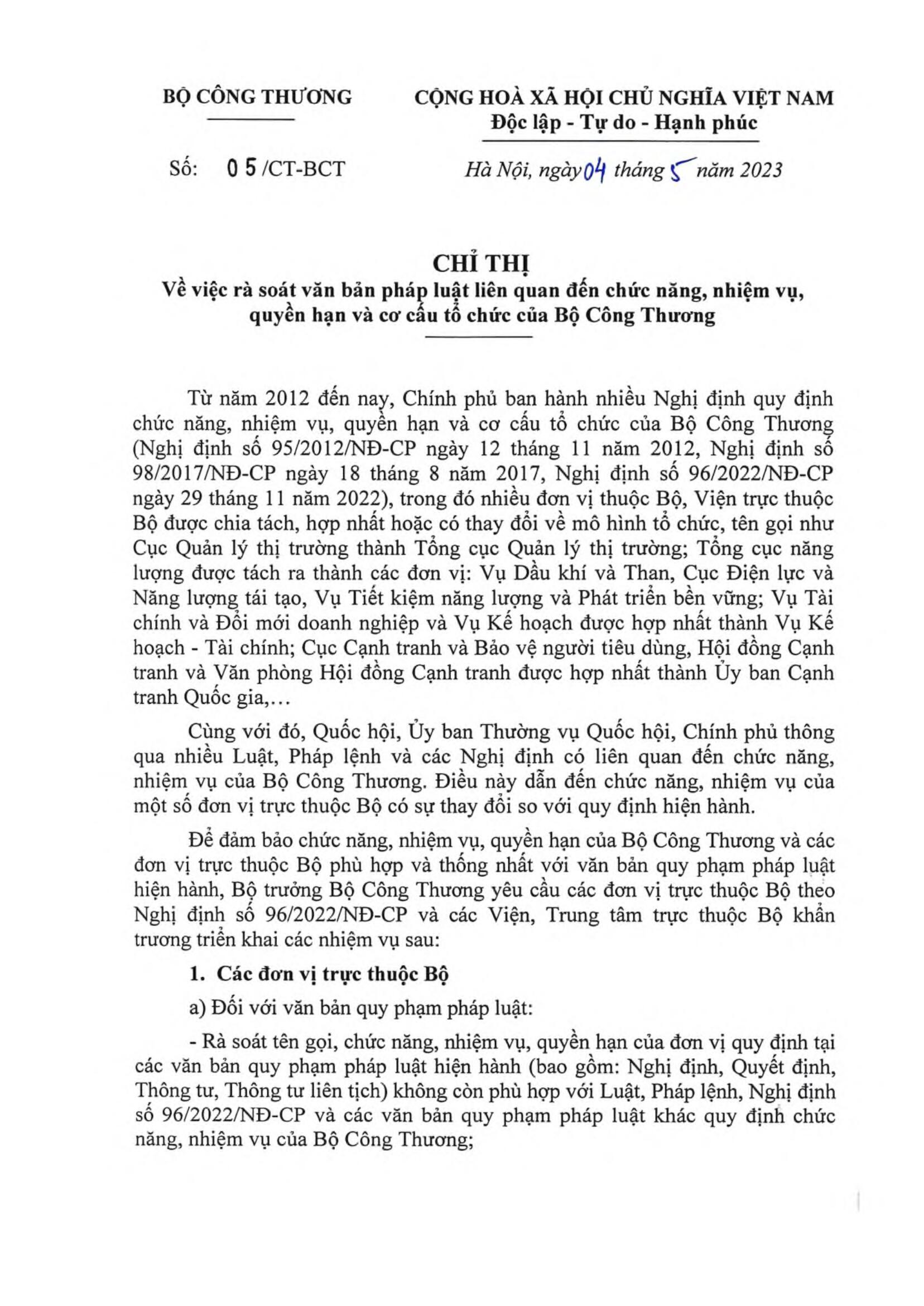 Chỉ thị 05/CT-BCT năm 2023 về rà soát văn bản pháp luật liên quan đến chức năng, nhiệm vụ, quyền ...
