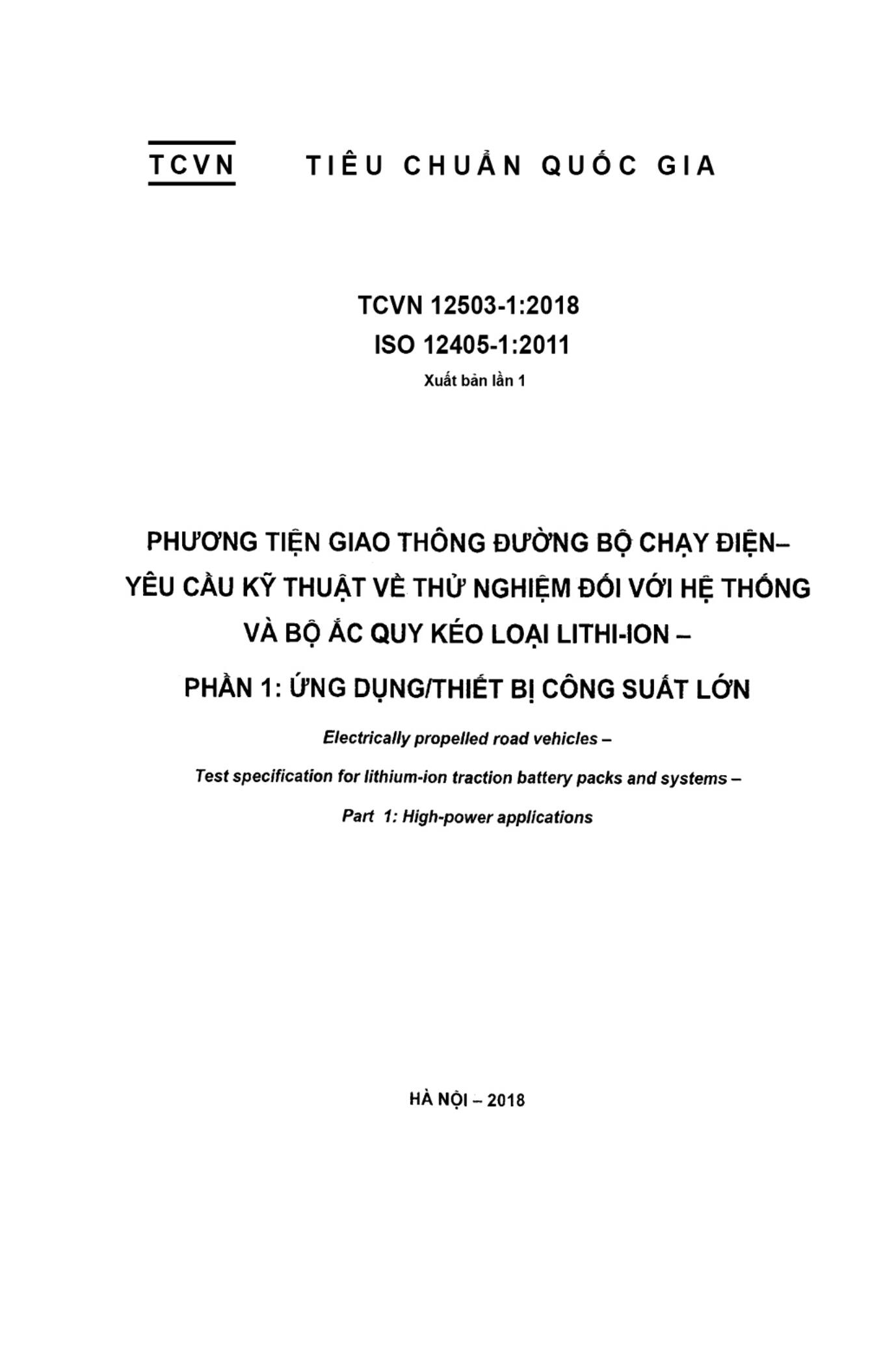 Tiêu chuẩn quốc gia TCVN 12503-1:2018 (ISO 12405-1:2011) về Phương tiện ...