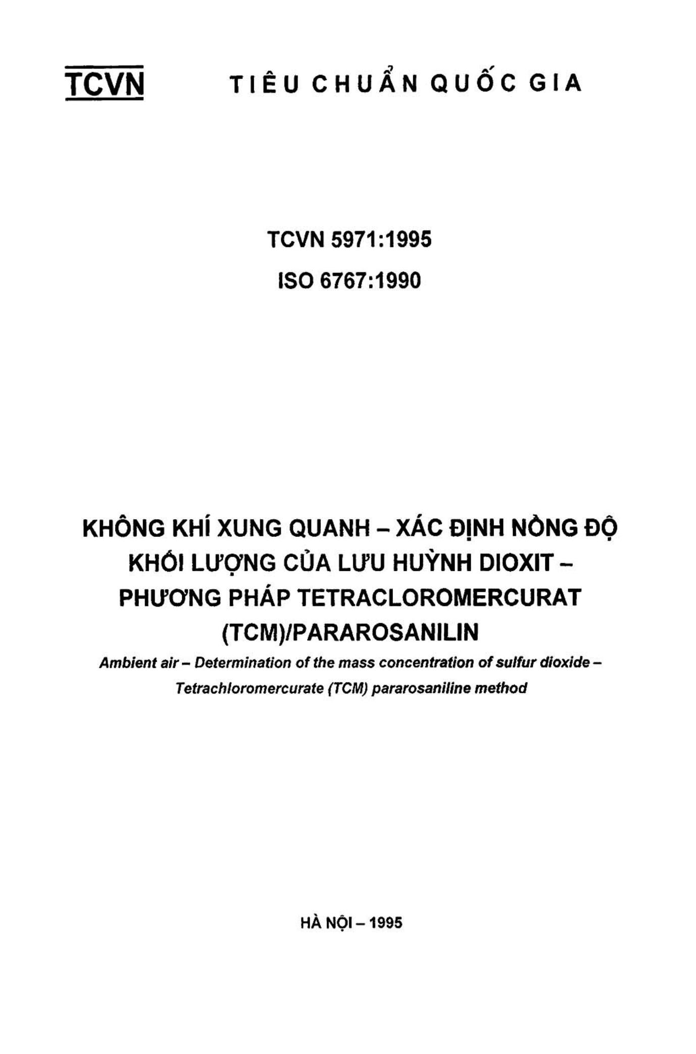 Tiêu chuẩn quốc gia TCVN 5971:1995 (ISO 6767:1990) về Không khí xung quanh - Xác định nồng độ ...