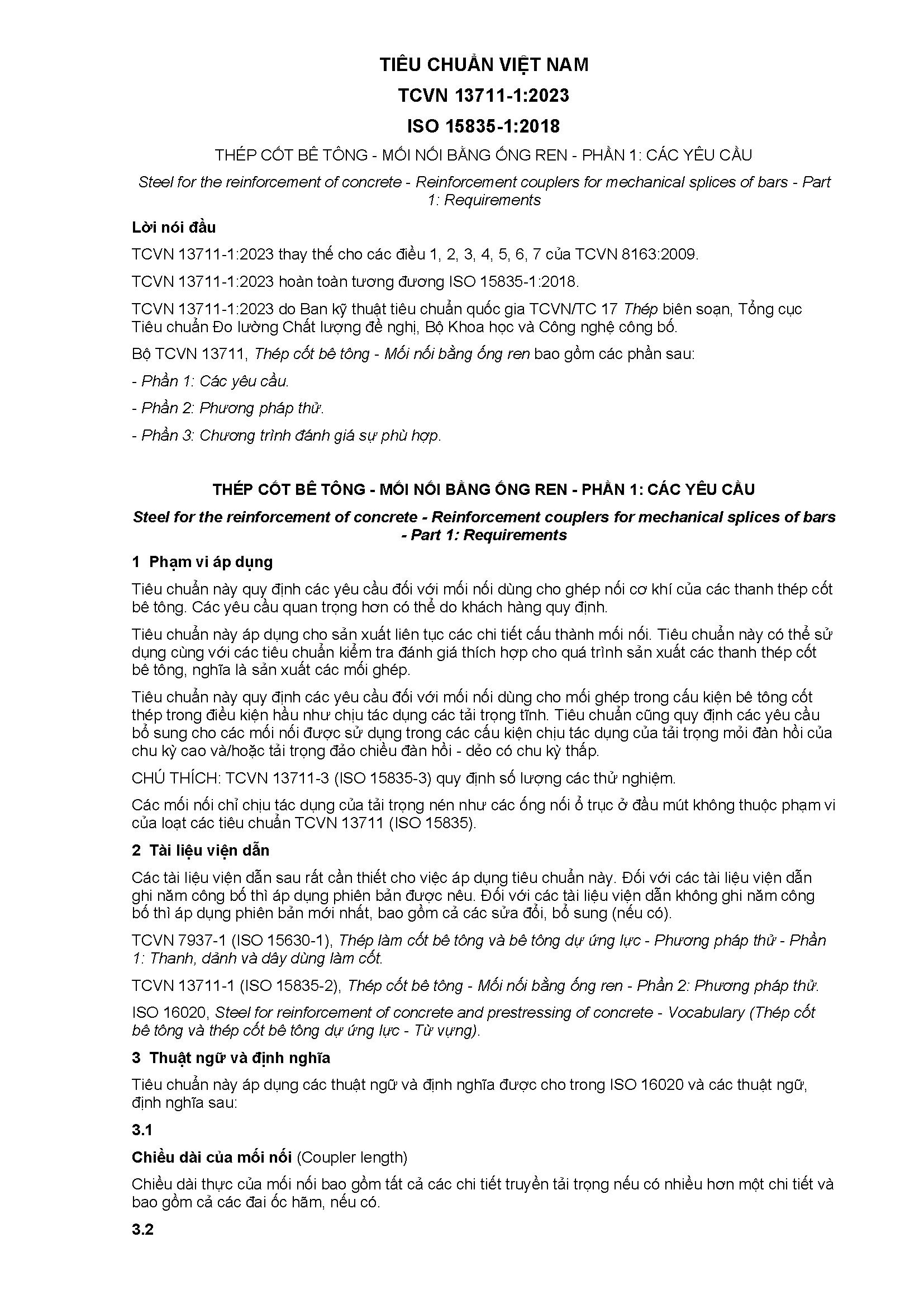 Tiêu chuẩn quốc gia TCVN 13711-1:2023 (ISO 15835-1:2018) về Thép cốt bê ...
