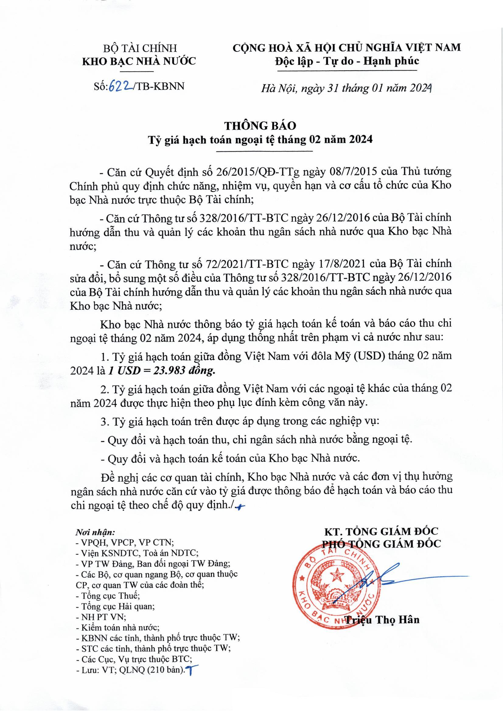 Thông báo 622/TB-KBNN về tỷ giá hạch toán ngoại tệ tháng 02 năm 2024 do ...